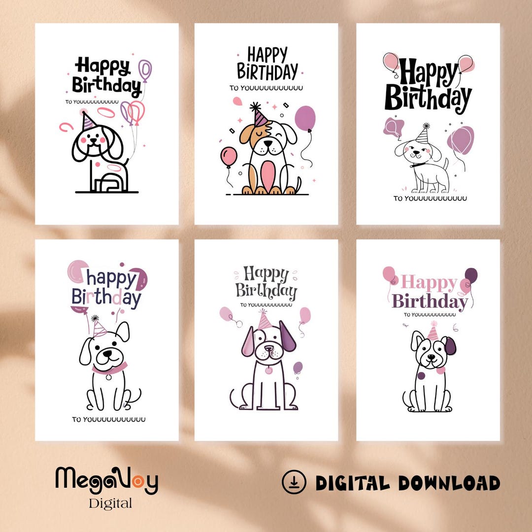 Set of 6 Happy Birthday Dog-themed Cards, Cute Printable Birthday Cards ...