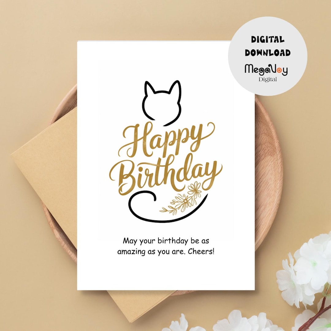 Cat-themed Birthday Card, Printable Digital Greeting Card, 5x7 Foldable ...