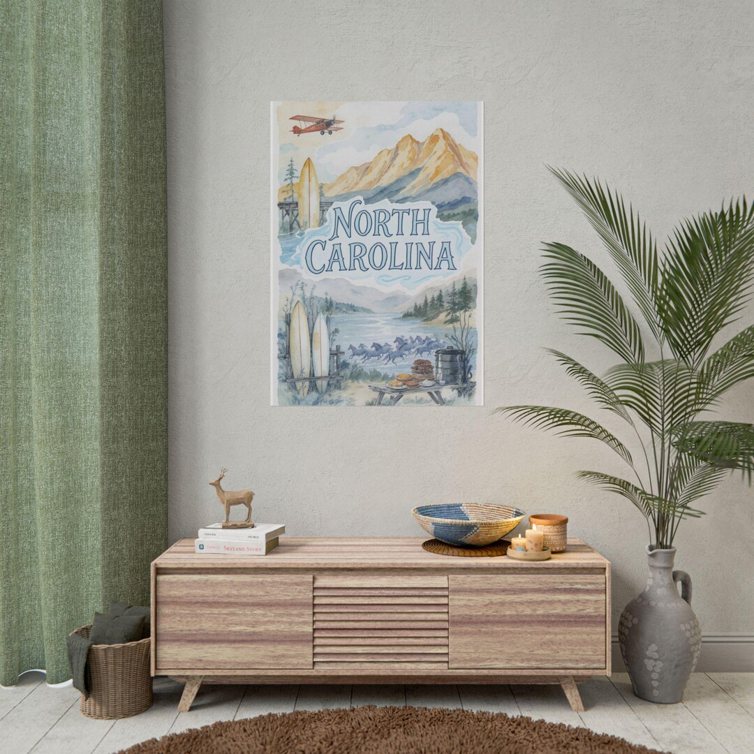Wall Art Hand Drawn Watercolor North Carolina Landmarks Rolled Poster ...