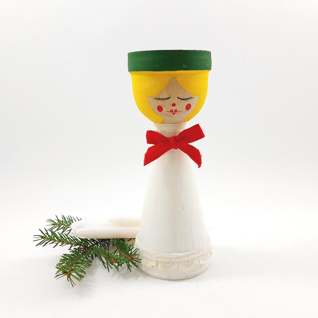 Vintage St. Lucia Angel of Light Wooden Doll Candle Holder ...