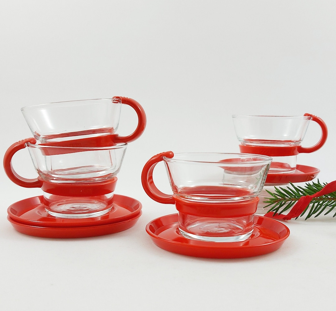 4 Sets Bodum Espresso Cups With Red Plastic Handles and Saucers ...