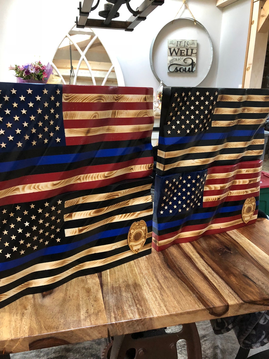 Wavy Wood Blue Line Flags - Etsy