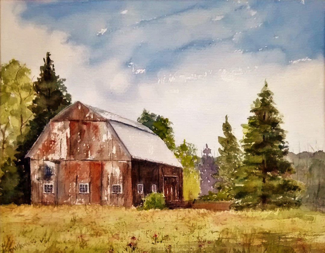 Weathered Barn Watercolor Print, Country Landscape Painting, Farmhouse ...