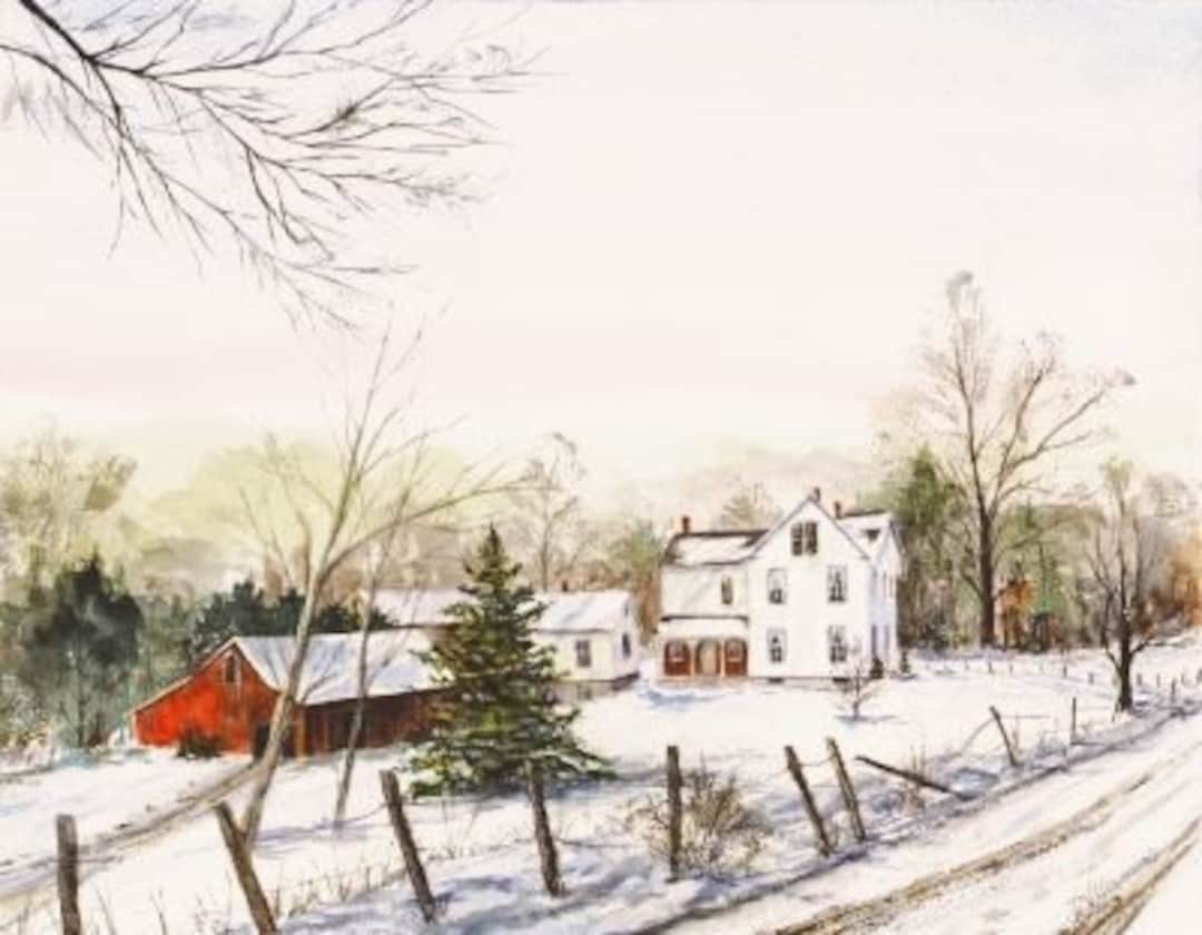 Farmhouse Winter Scene Watercolor Print, Giclee of Original Artwork ...