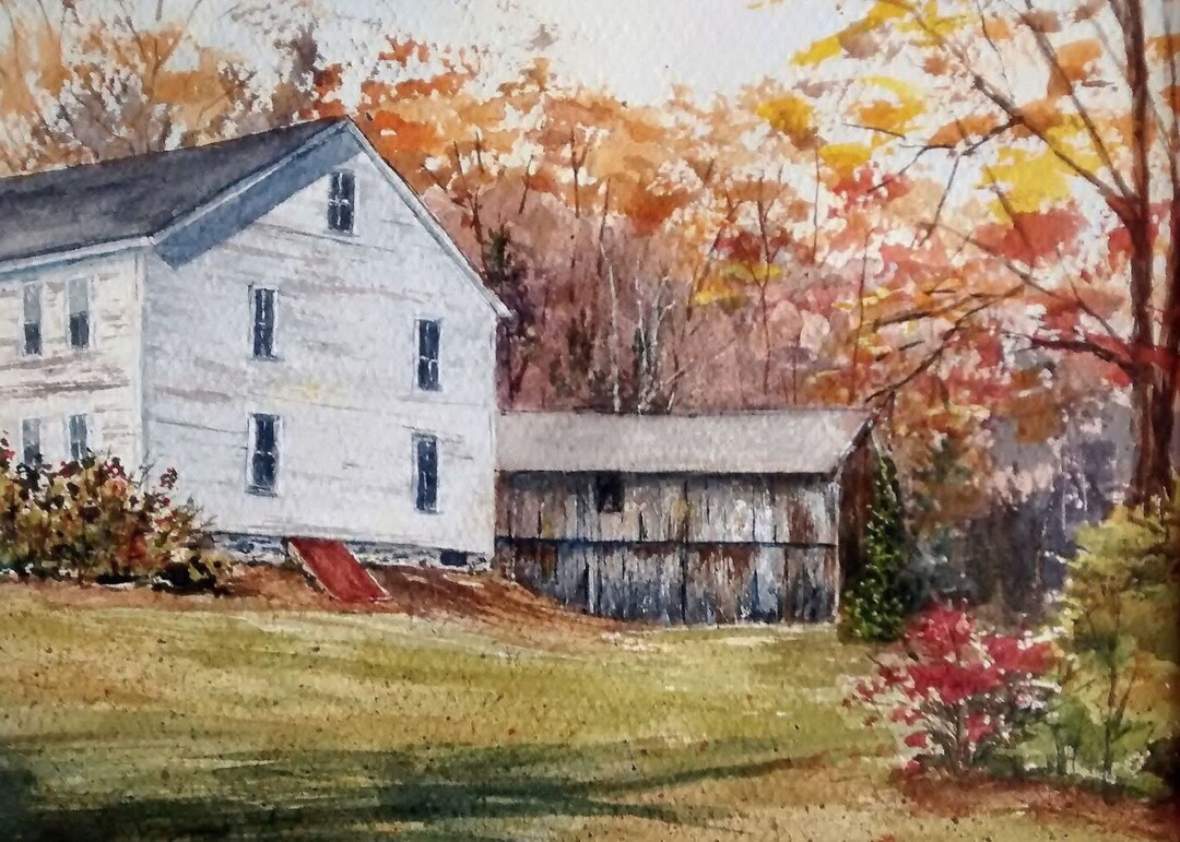 Farmhouse in the Fall Watercolor Print, Landscape Painting, Print of ...