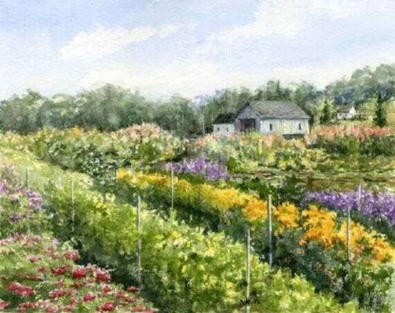 Field of Flowers Watercolor Print Landscape Painting Giclee - Etsy