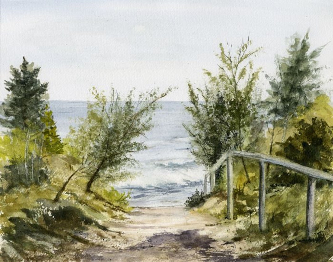 Ocean Scene Watercolor Print, Pathway to the Beach, Ocean Pathway ...
