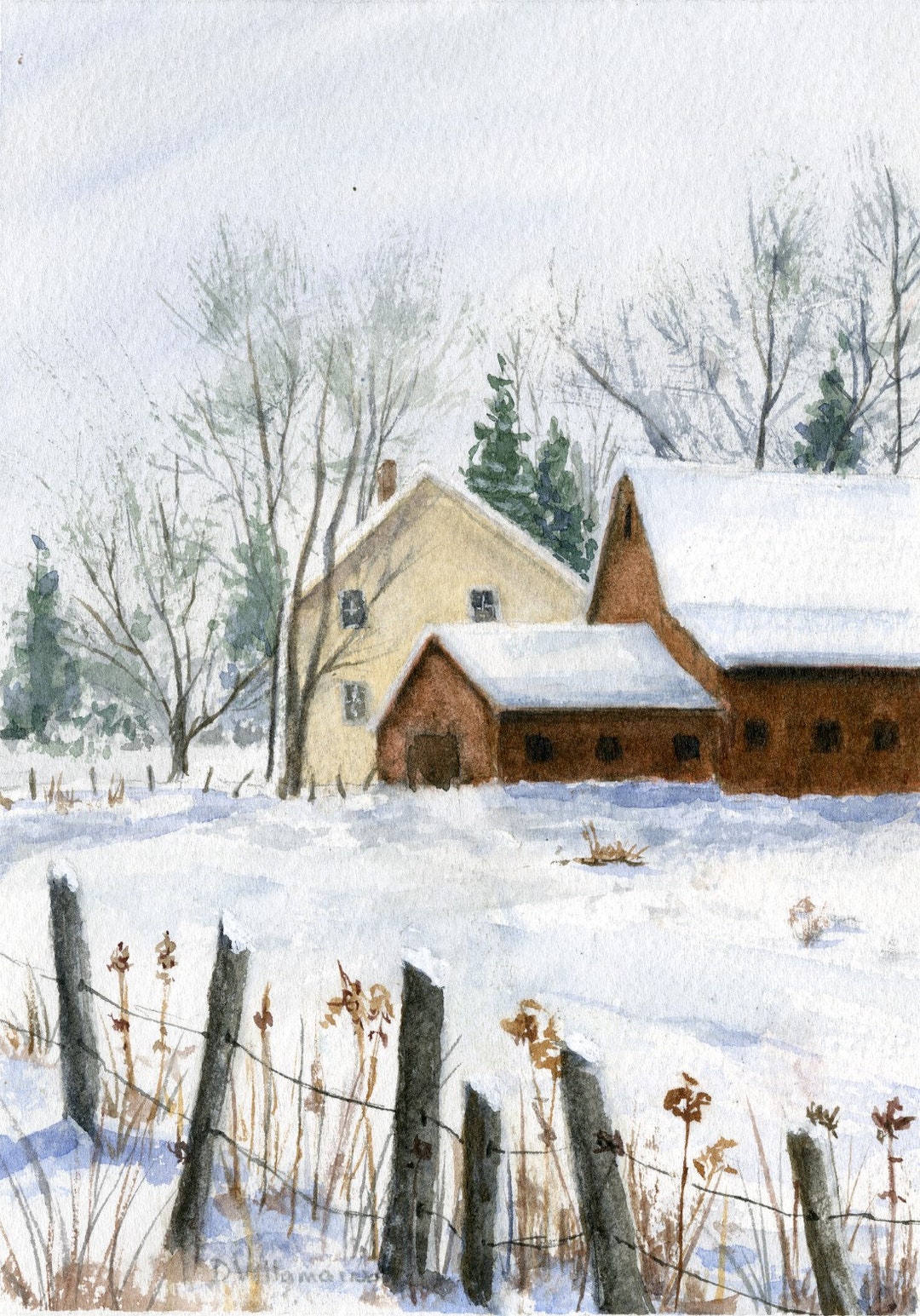 Farm in the Snow, Barn in the Winter, Watercolor Print of Original ...