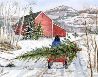 Christmas Tree Art Print, Bringing Home the Tree, Swedish Tree Farm ...