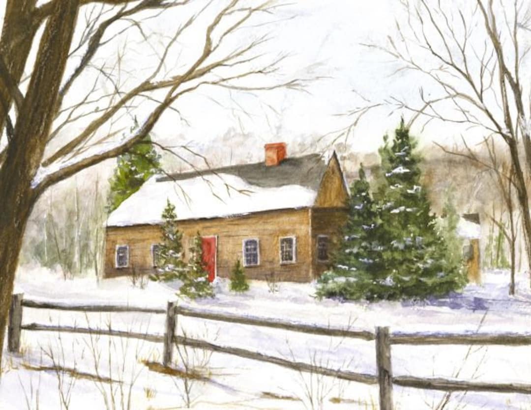 Cozy Country Cottage Watercolor, Snowy Winter Scene, Pine Trees in the ...