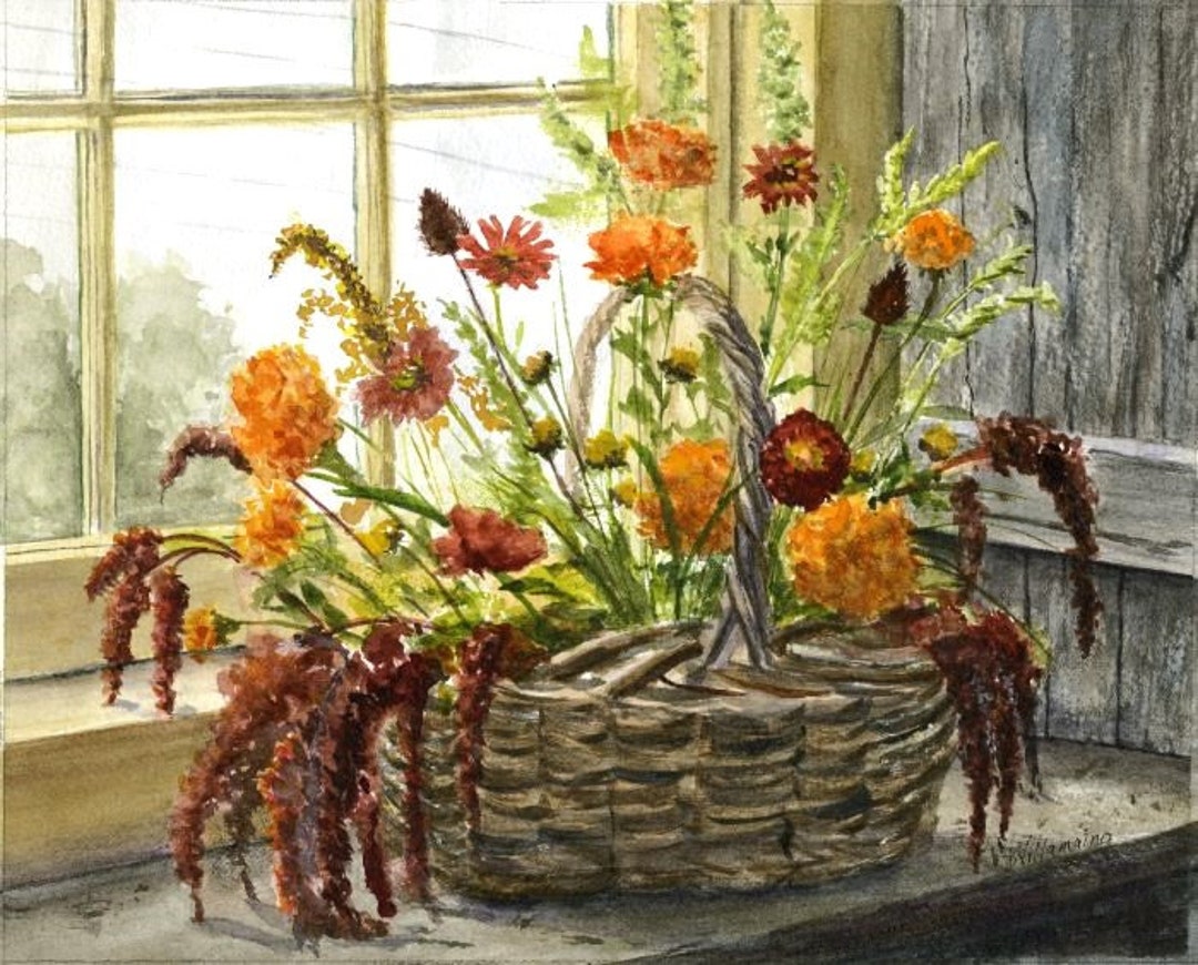 Basket of Fall Flowers Watercolor Print, Print of Original, Farmhouse ...