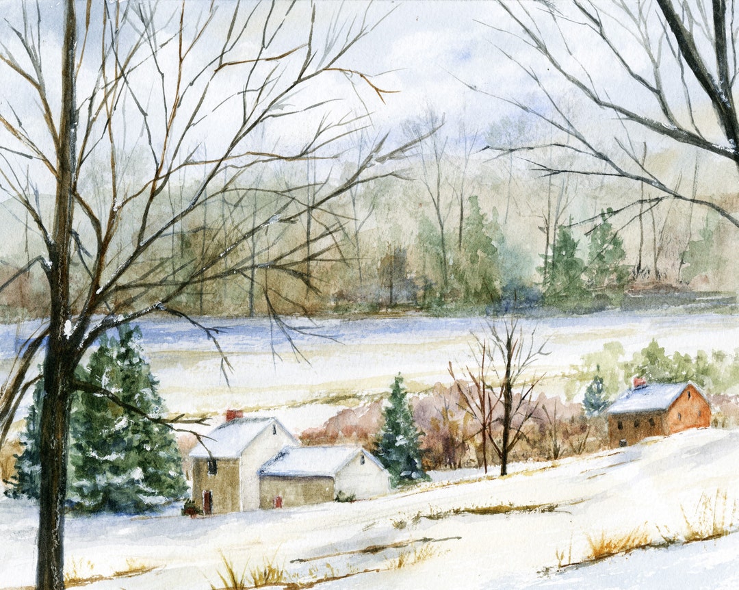 Winter Landscape, Watercolor Print of Original Artwork, Farmhouses in ...