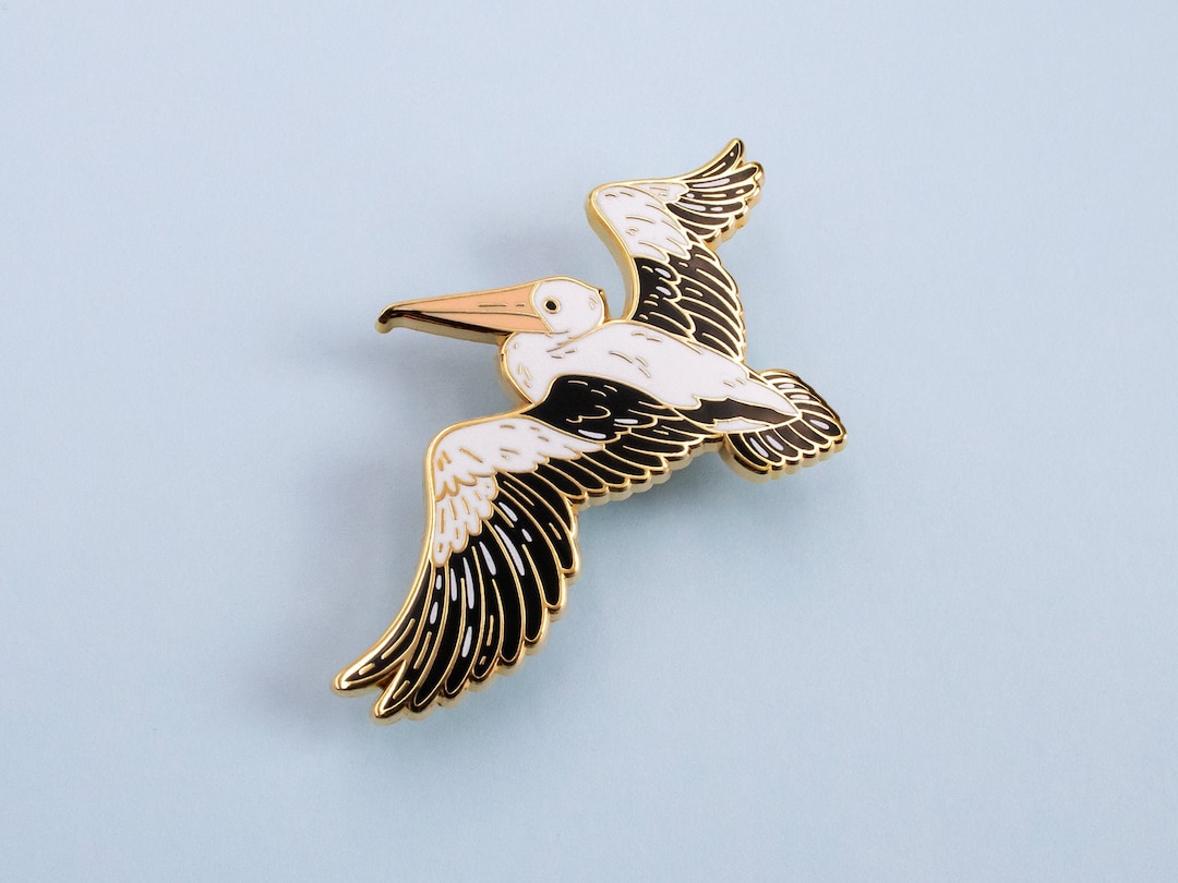 Australian Pelican Hard Enamel Bird Pin - White, Black, & Gold - Brooch ...