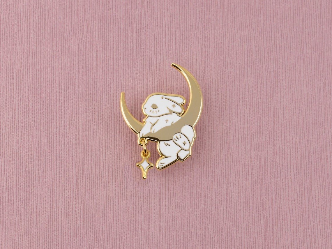 Moon Rabbit Hard Enamel Pin Gold White Bunny Rabbit Lapel - Etsy