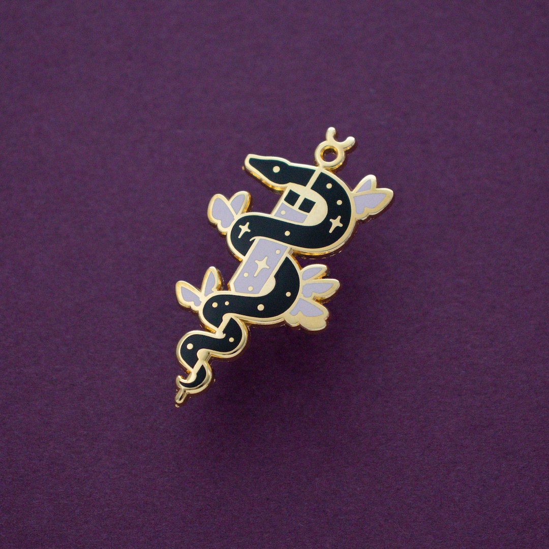 Medication Rod of Asclepius and Snake - PCOS Enamel Pin Series - Black ...