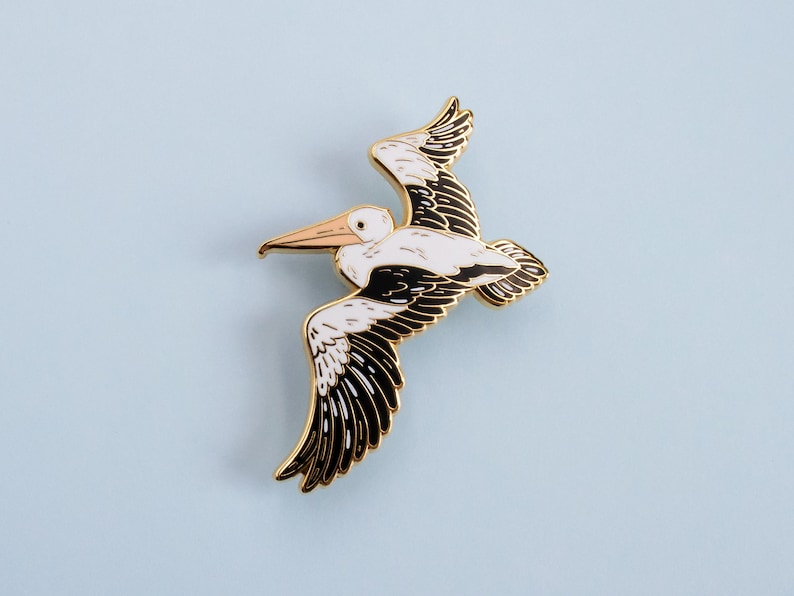 Australian Pelican Hard Enamel Bird Pin - White, Black, & Gold - Brooch ...