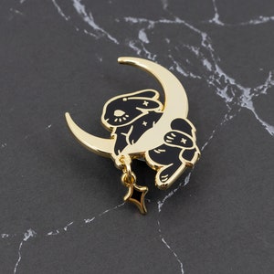 Moon Rabbit Hard Enamel Pin - Gold, Black - Bunny Rabbit Lapel Pin ...