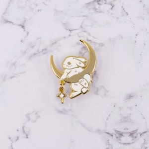 Moon Rabbit Hard Enamel Pin - Gold, White - Bunny Rabbit Lapel Pin ...