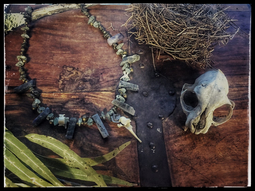 CAT BONE NECKLACE, Labradorite Slabs, Beaded Necklace, Witchy Jewellery, Shamanic Jewellery, Cat ...