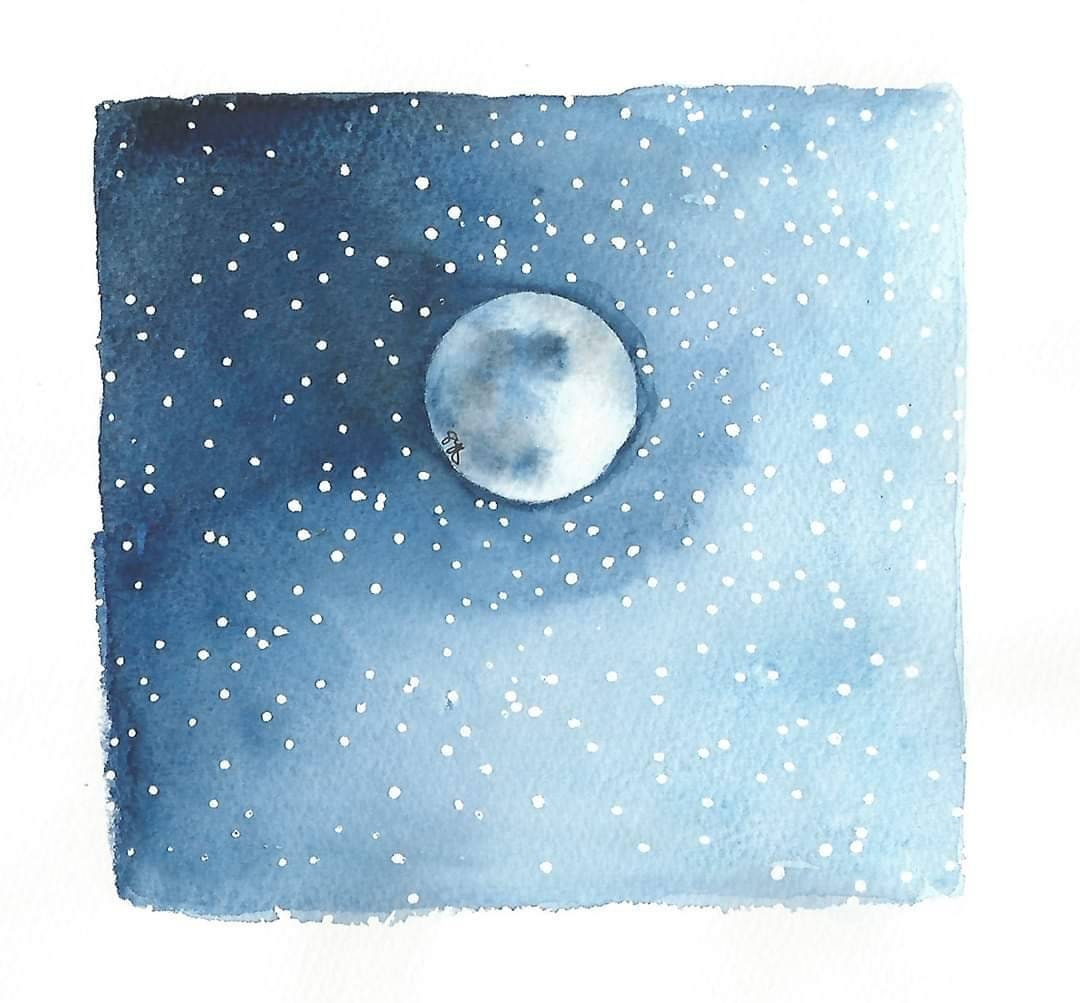 Little Blue Full Moon Greeting Card From Original Watercolour Art ...
