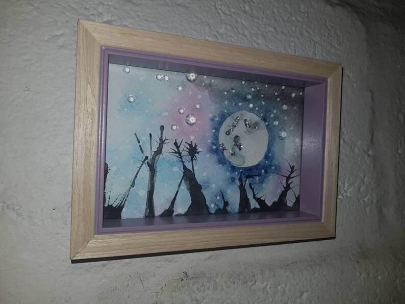 Moon Art Watercolour Painting Mini Full Moon With Silver Leaf and ...