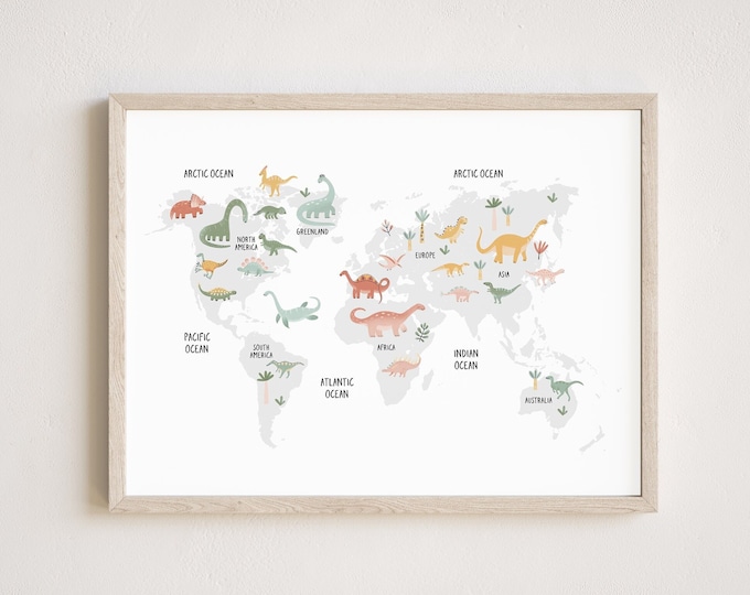 Dino World Map PRINTED Art Print, Dinosaur World Map Watercolor Animal ...