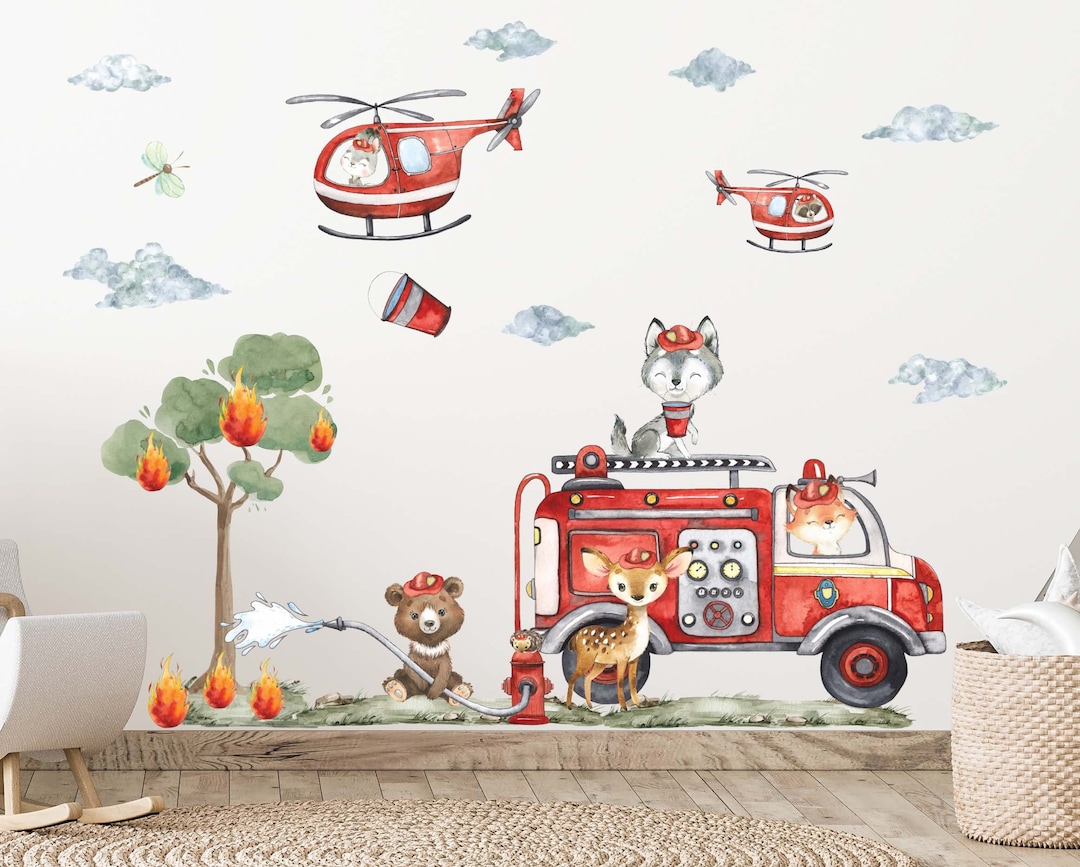 Firefighter Woodland Wall Decal Set. Fire Truck Wall Decal, Woodland ...