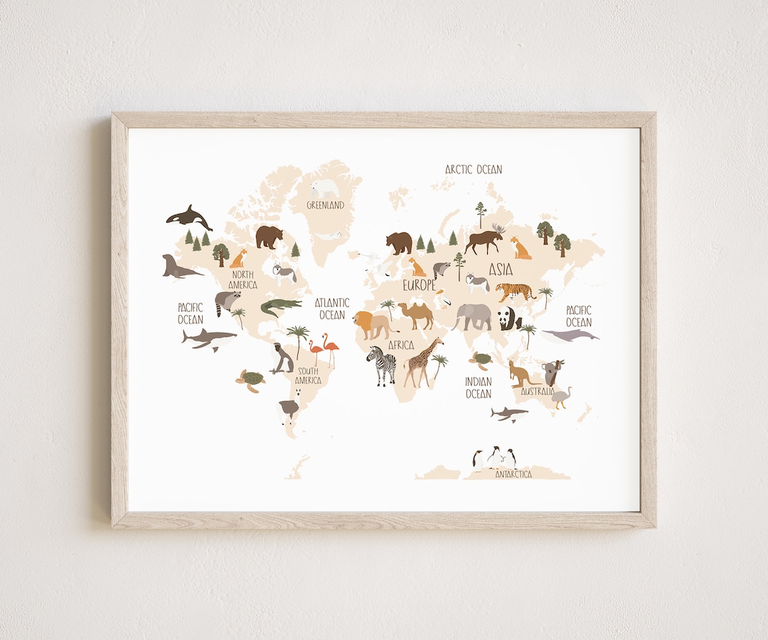 Animal World Map PRINTED Art Print, Watercolor Animal World Map ...