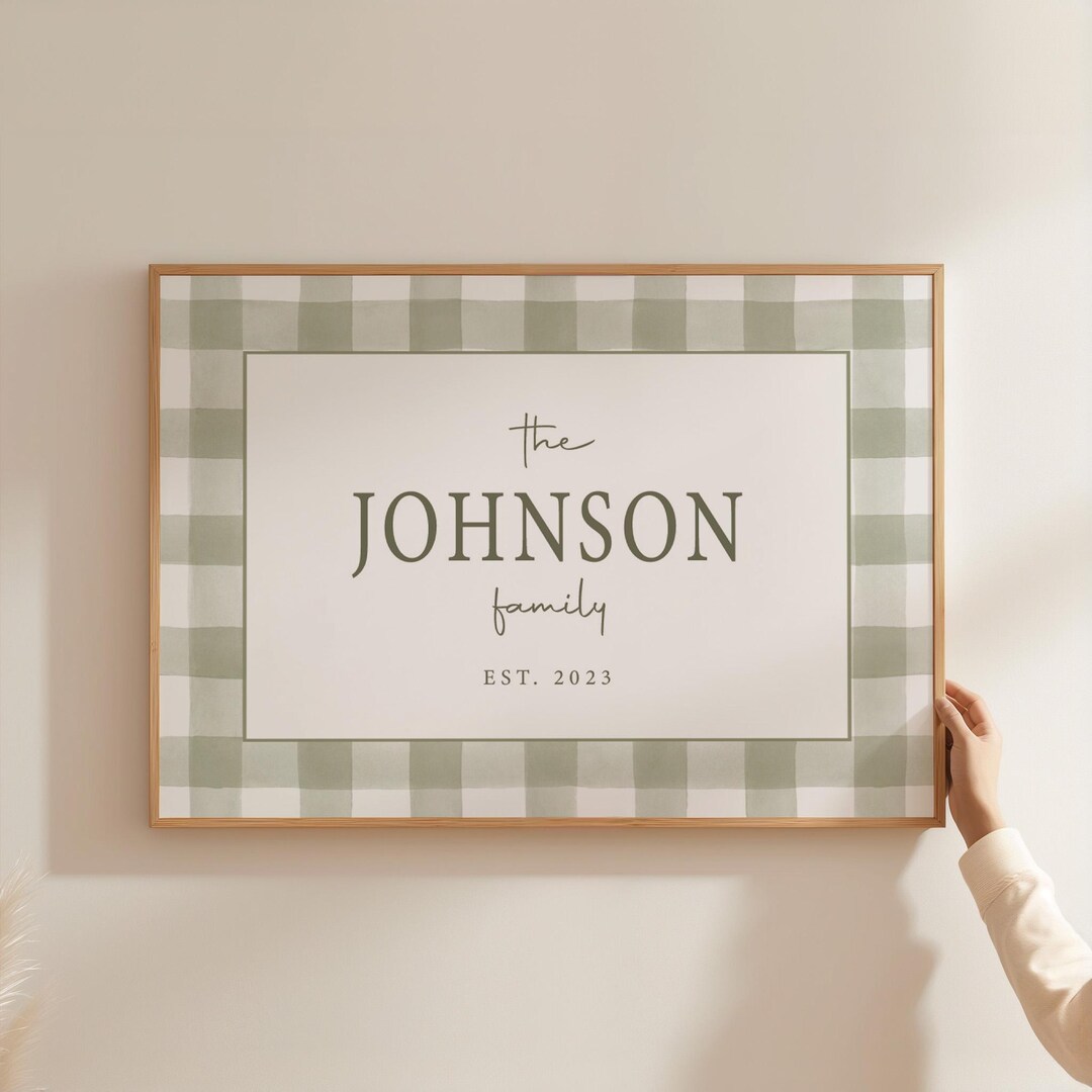 Custom Last Name Wall Art Green Gingham Print Family Name Sign Vintage ...