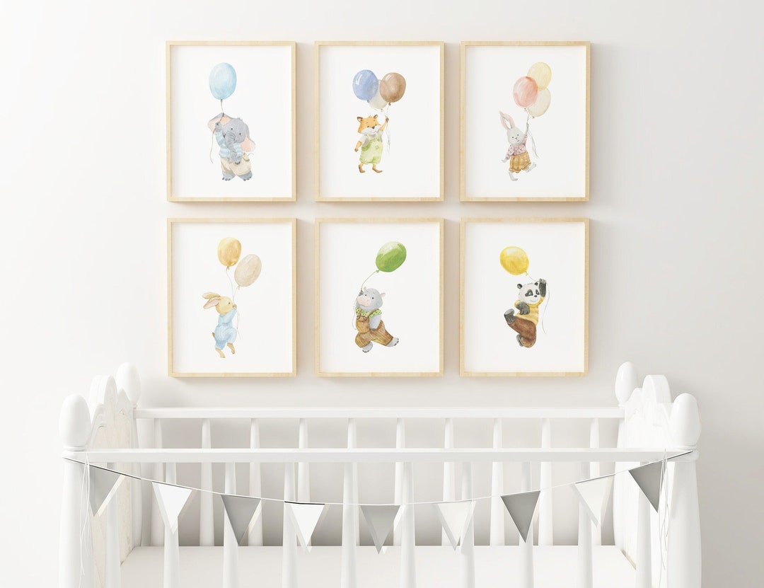 Cute Animal Balloon Nursery Wall Art PRINTED Art Print Set of 6 ...