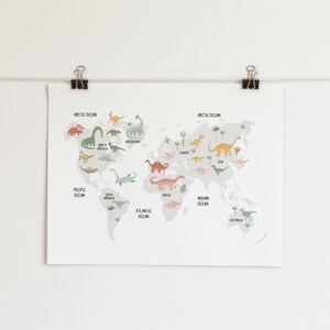 Dino World Map PRINTED Art Print, Dinosaur World Map Watercolor Animal ...