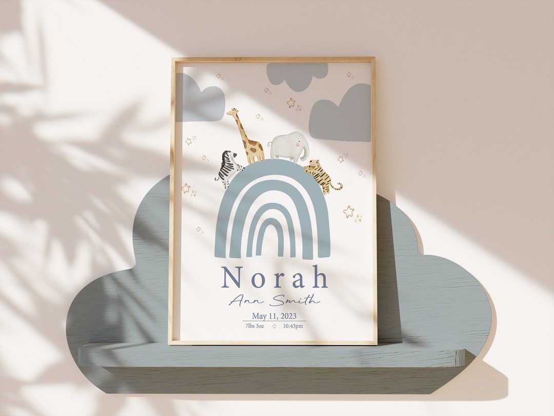 Blue Birth Details Print PRINTED Art Birth Stats Print, Safari Birth ...
