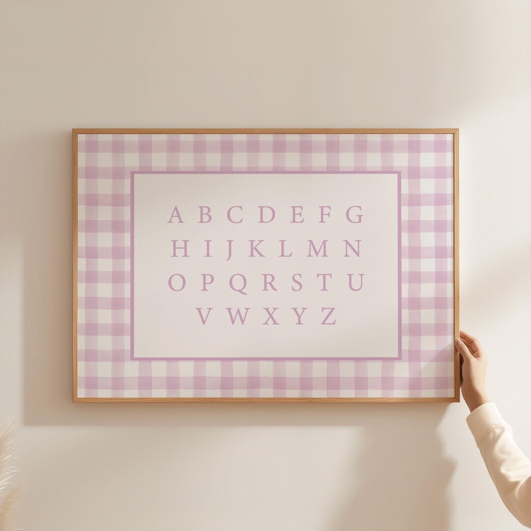 Pink Gingham Alphabet Nursery Wall Art Baby Girl Room Decor Pastel ABC ...