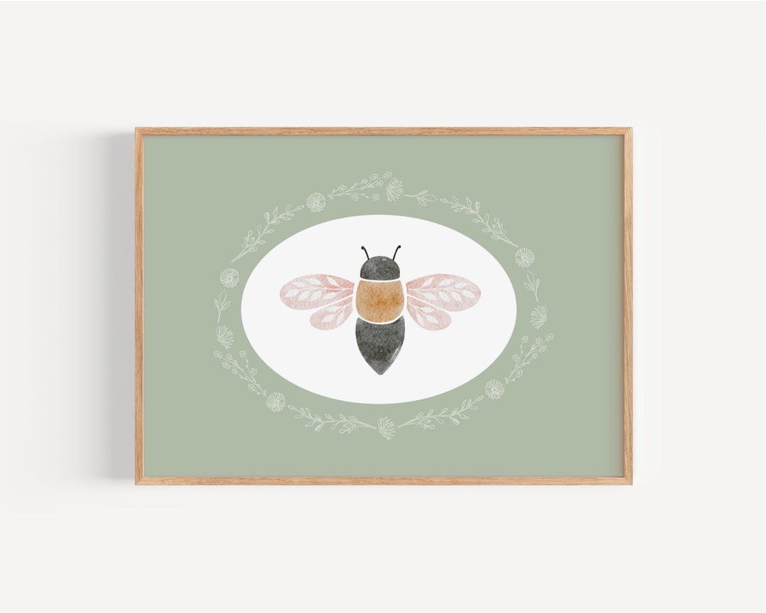 Boho Bee Nursery Wall Art Watercolor Bumblebee Print Green Floral ...