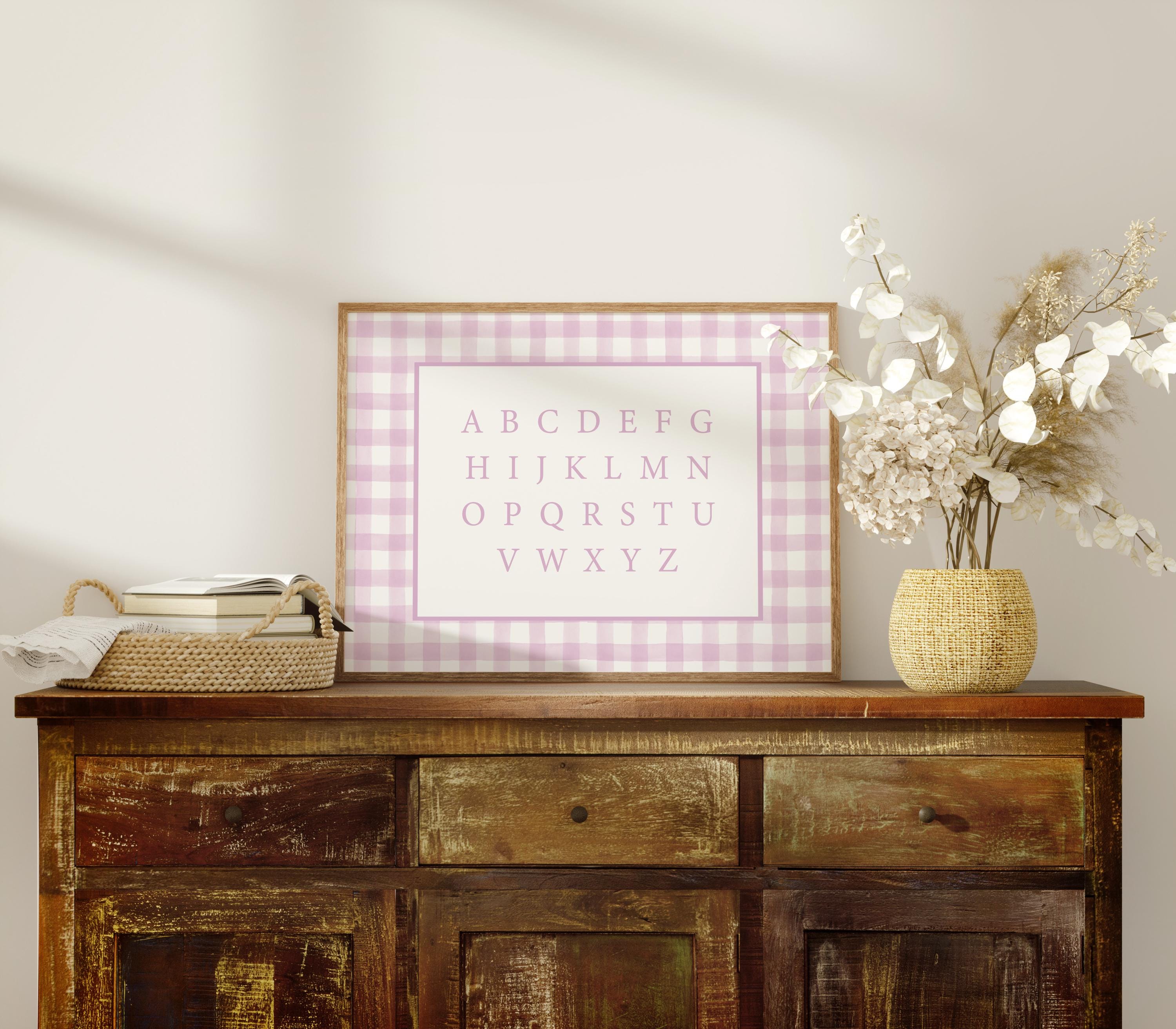 Pink Gingham Alphabet Nursery Wall Art Baby Girl Room Decor Pastel ABC ...