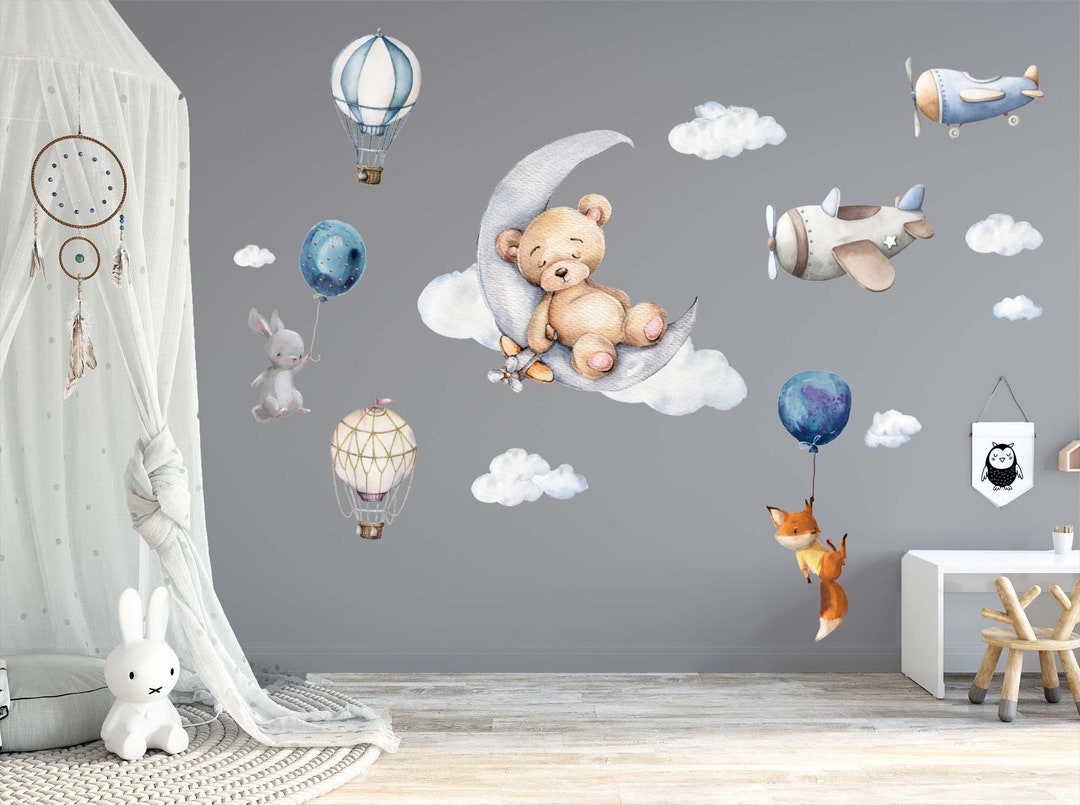 Bear on Moon Wall Decal Nursery Hot Air Balloon Wall Decals, Moon With ...