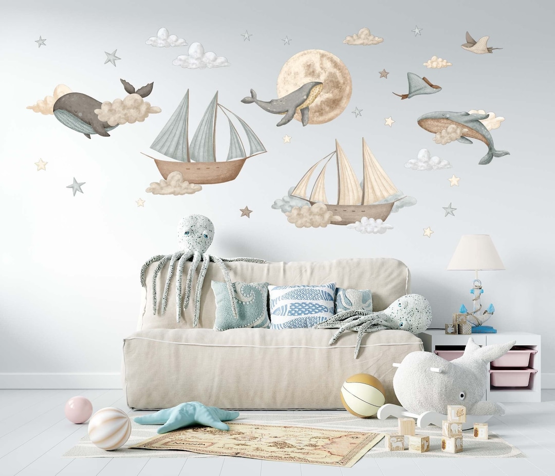 Ship, Stars and Moon Fabric or Vinyl Wall Decal / Whimsical Wall Decal ...