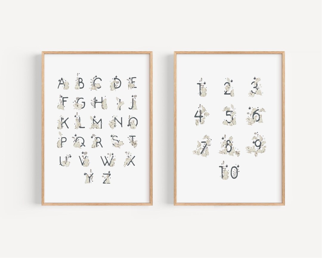 Bunny Rabbit Alphabet and Numbers Art Print Bunny Nursery Blue Art ...