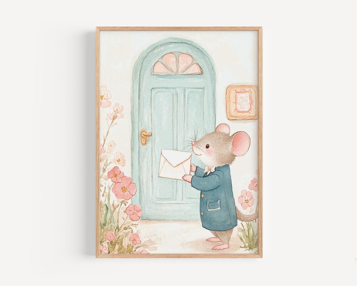 Mouse Nursery Wall Art Whimsical Watercolor Nursery Mail Carrier Mouse ...