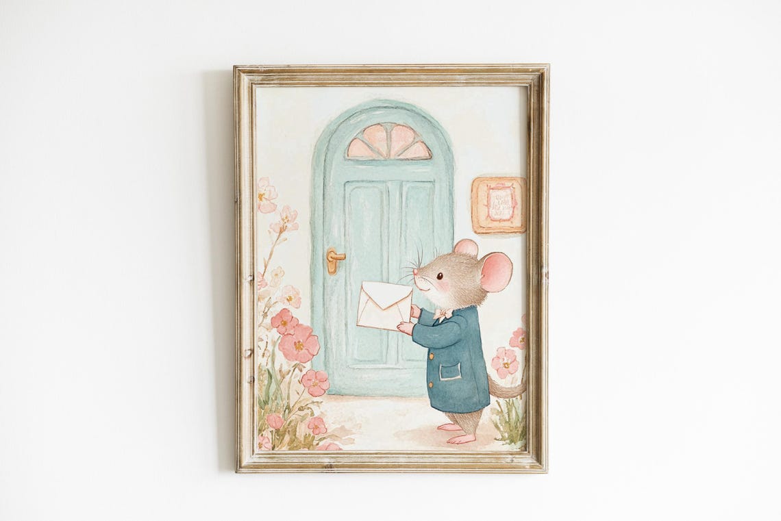 Mouse Nursery Wall Art Whimsical Watercolor Nursery Mail Carrier Mouse ...
