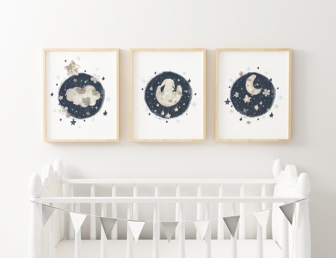 Whimsical Bunny Nursery Night Sky Nursery Print Blue Art Print Printed ...