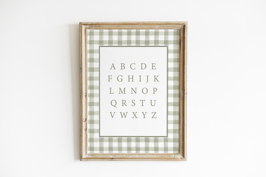 Alphabet Nursery Wall Art Sage Green Gingham ABC Print Neutral Baby ...
