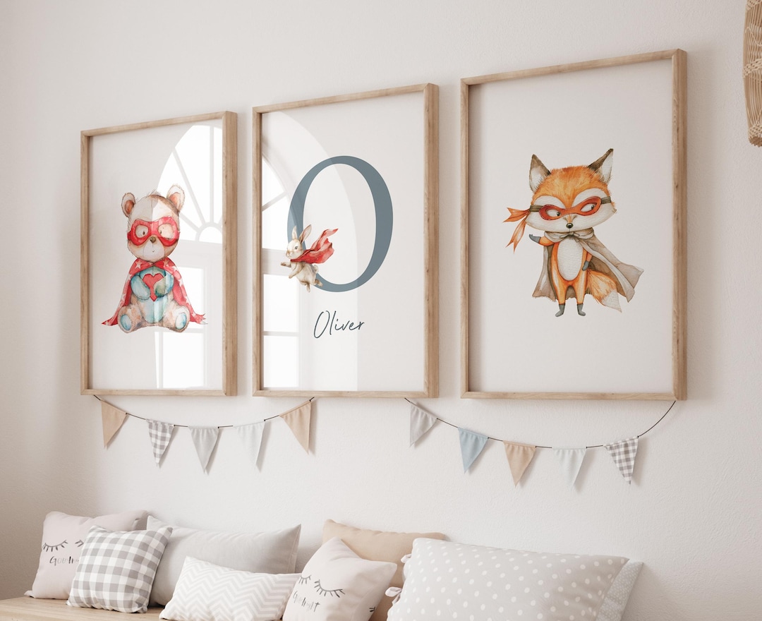 Personalized Superhero Woodland Nursery Art Print Watercolor Superhero ...