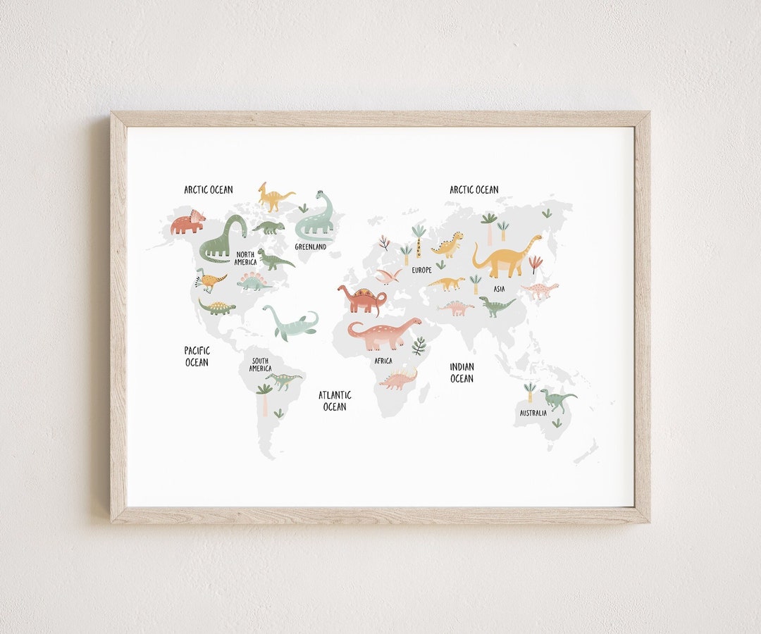 Dino World Map PRINTED Art Print, Dinosaur World Map Watercolor Animal ...
