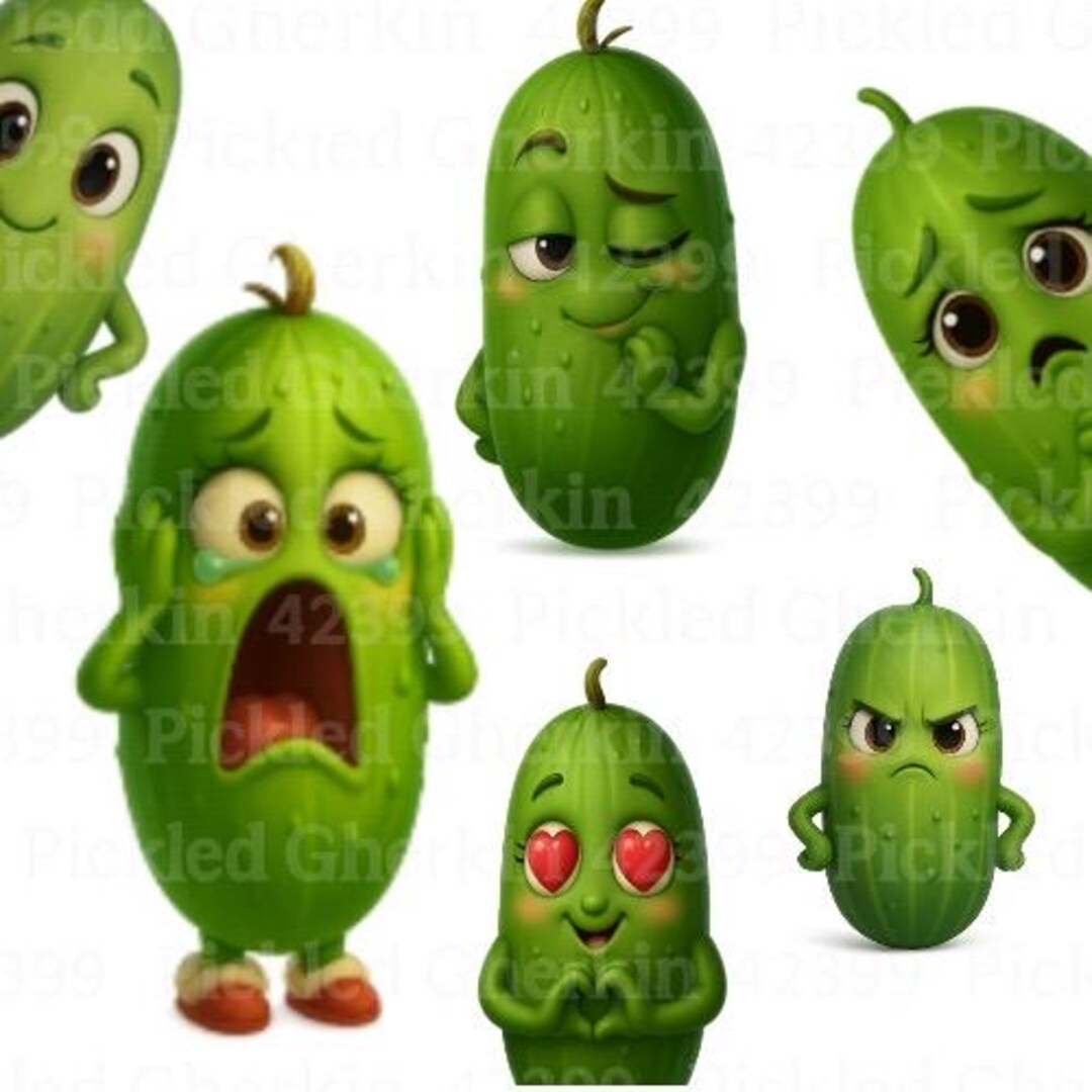 20 Cute Pickle Sticker Pack • Funny Cucumber Characters • PNG Clipart ...