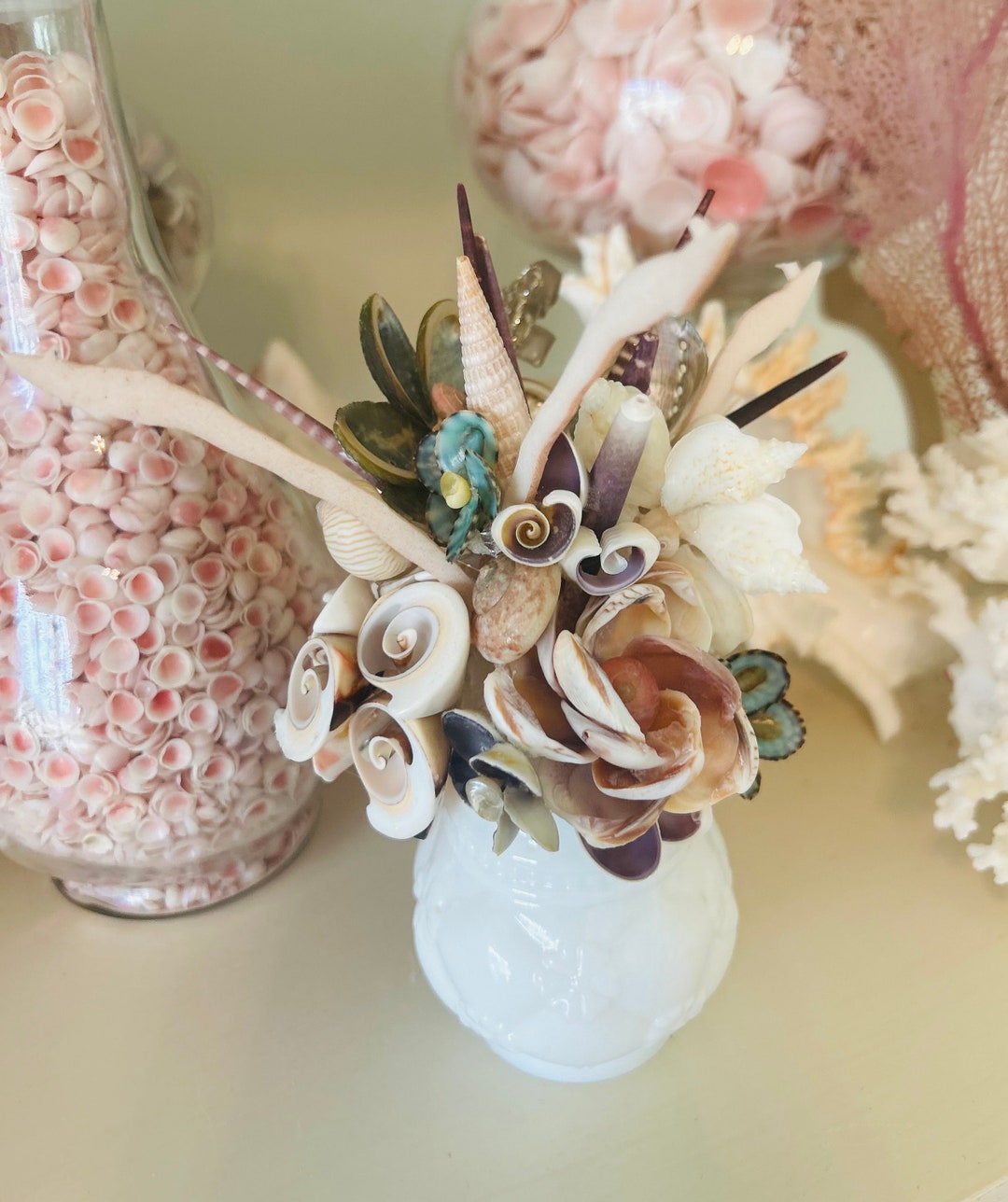 Seashell Flower Arrangement in Vintage Milk Glass Vase for Home and ...
