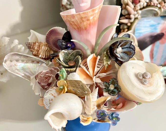 Seashell Bouquet Arrangement, Coastal Decor, Vintage Blue Vase - Etsy