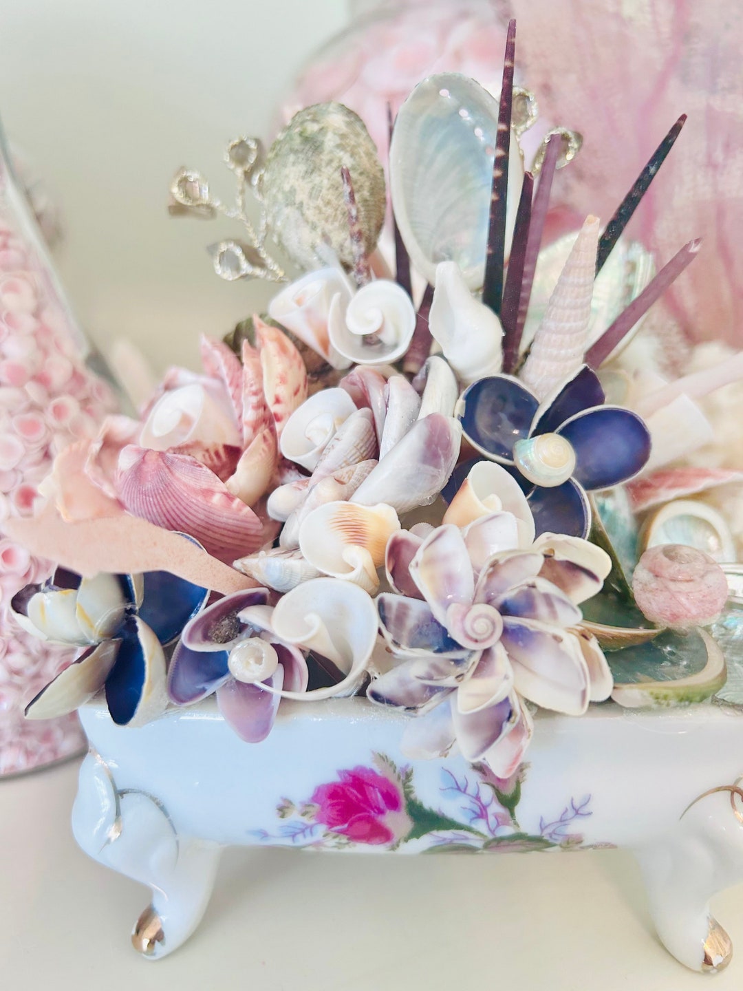 Seashell Flower Arrangement in Vintage Porcelain Dish for Home and ...