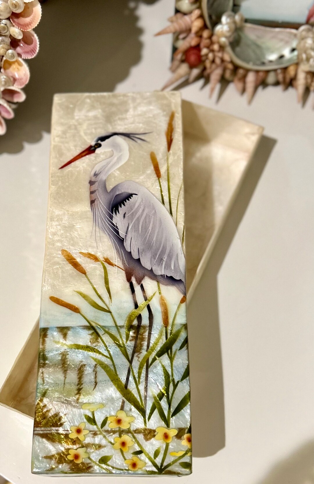 Handpainted Long Heron Capiz Box for Home and Coastal Decor - Etsy