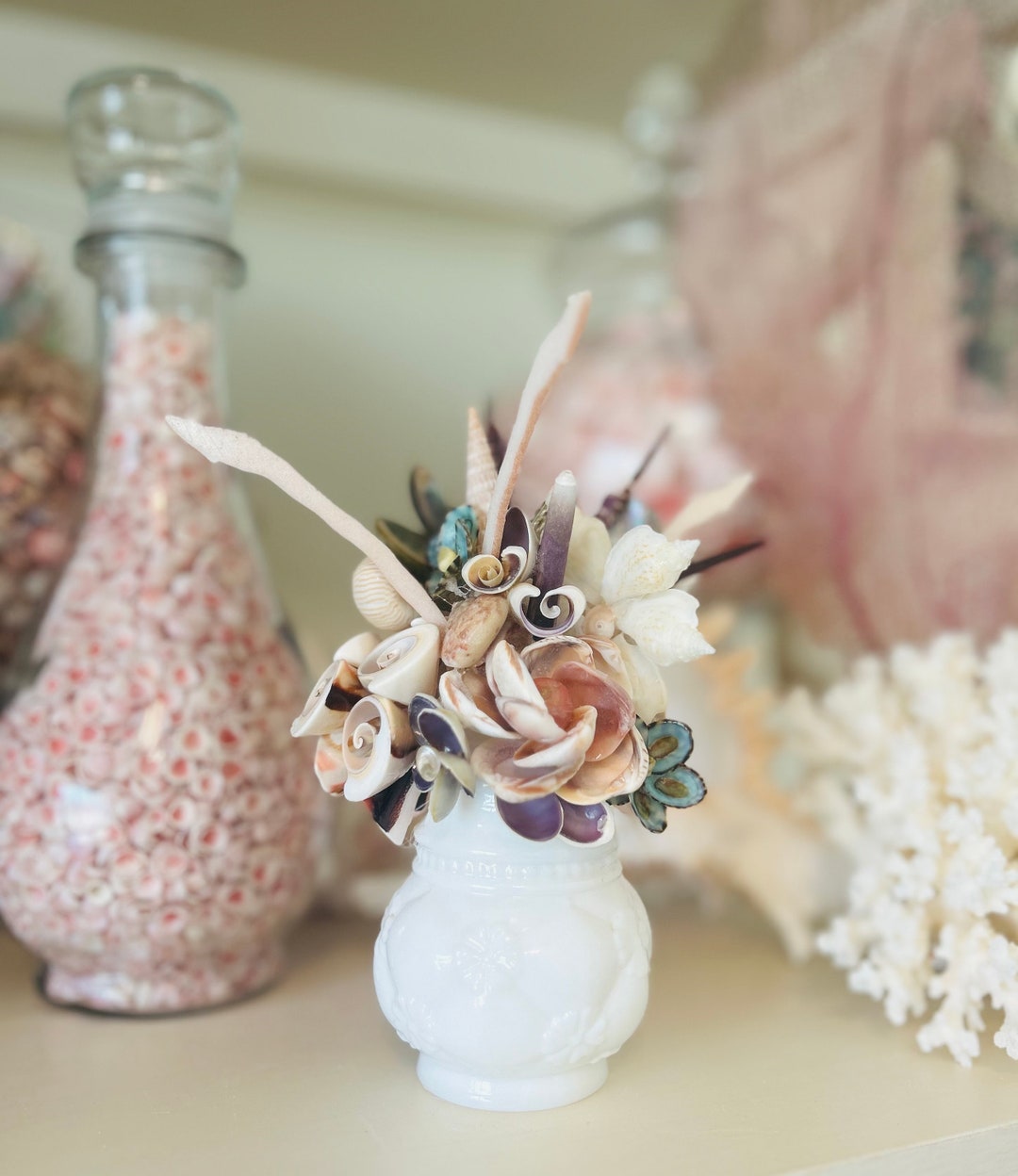 Seashell Flower Arrangement in Vintage Milk Glass Vase for Home and ...